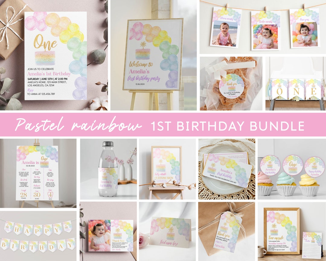 Editable Pastel Rainbow Birthday Invitation Bundle, Girl Pastel ...