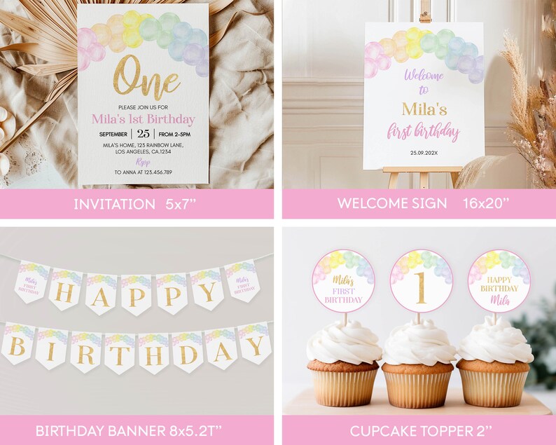 Editable Pastel Rainbow 1st Birthday Invitation Bundle, Girl 1st ...