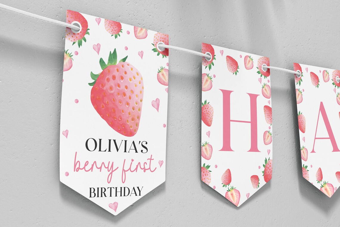 Editable Strawberry First Birthday Banner Berry Sweet Happy - Etsy