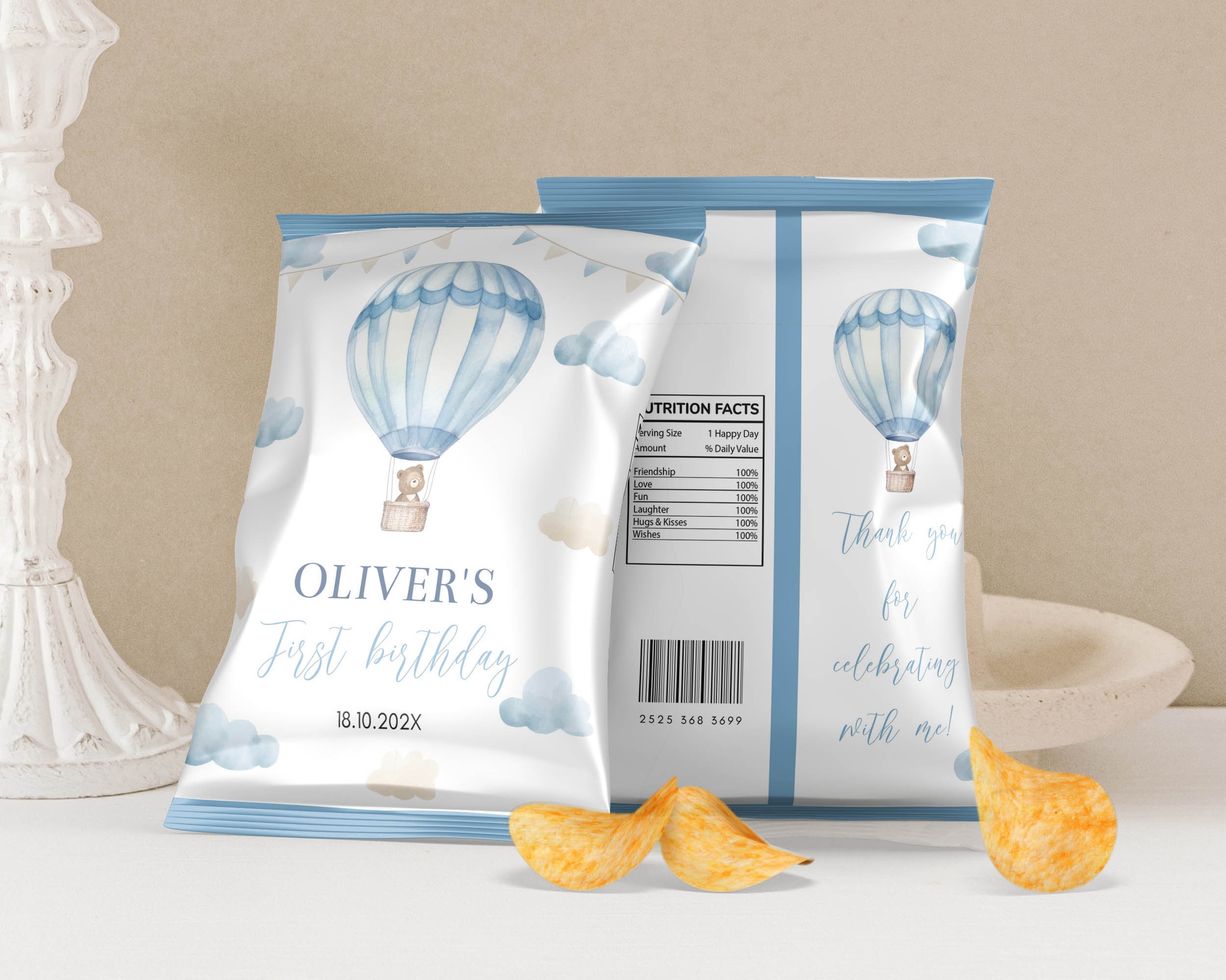 EDITABLE Teddy Bear Birthday Chip Bags, Hot Air Balloon First Birthday ...