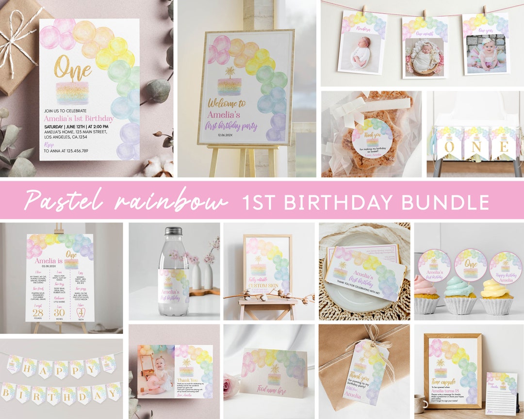 Editable Pastel Rainbow Birthday Invitation Bundle Pastel - Etsy