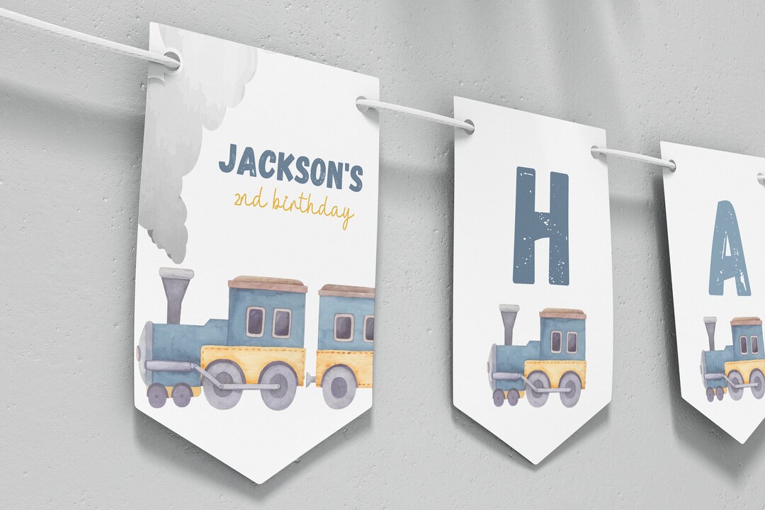 Editable Train Birthday Banner, Blue Train Birthday Party Banner, Choo ...
