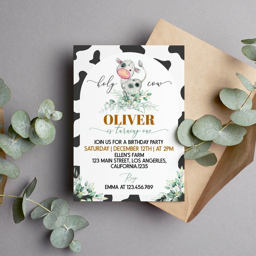 EDITABLE Holy Cow I'm One Invitation, Cow 1st Birthday Invitation, Holy ...