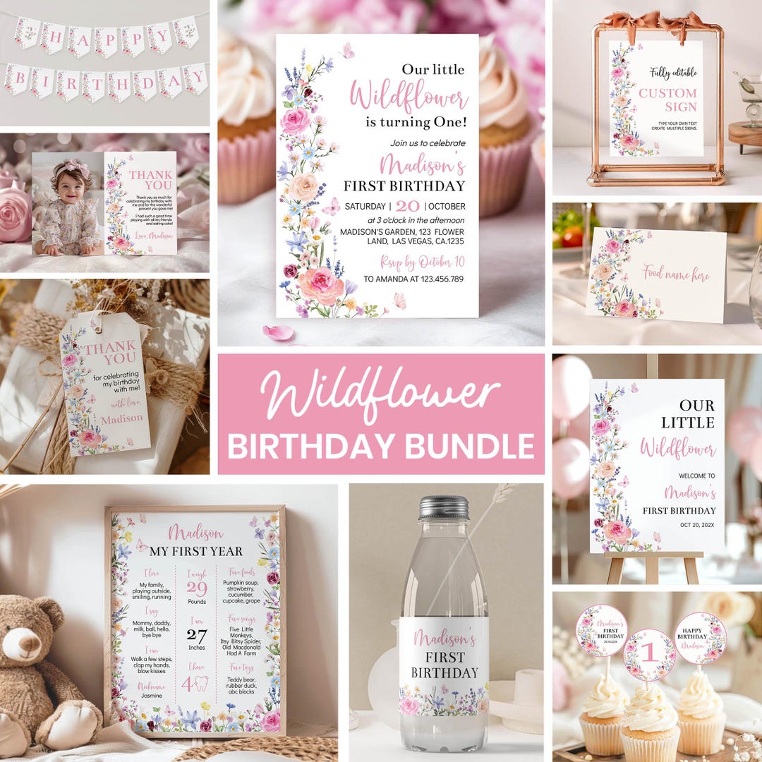 Wildflower Birthday Invitation Bundle, Little Wildflower 1st Birthday ...