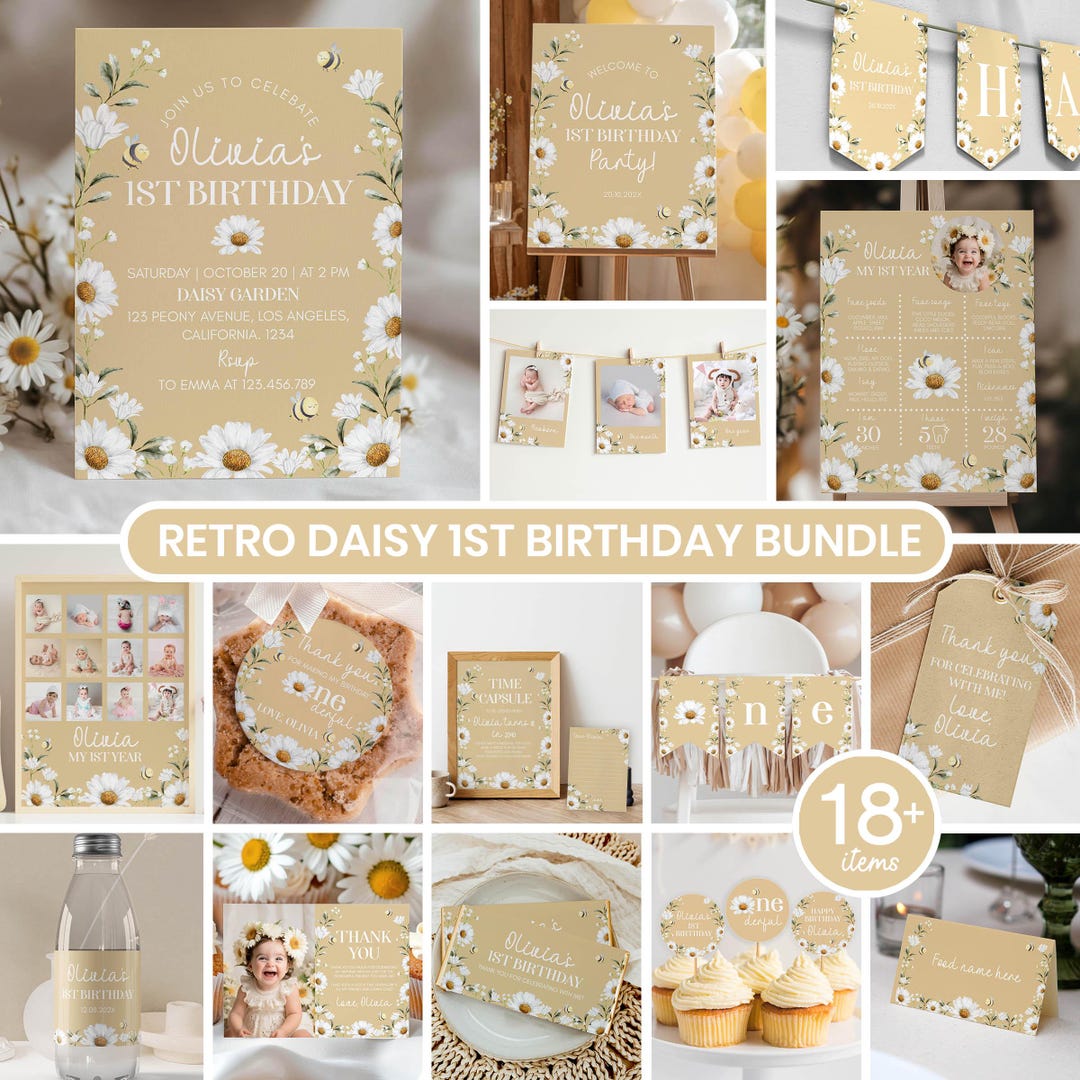 Editable Daisy 1st Birthday Invitation, Boho Wildflower Party Decor ...