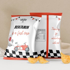 EDITABLE Fast One Birthday Chip Bags, Race Car Party Favor Bags, Boy ...
