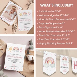 Editable Boho Rainbow 1st Birthday Invitation Bundle, Sunshine Rainbow Birthday Kit, Muted ...