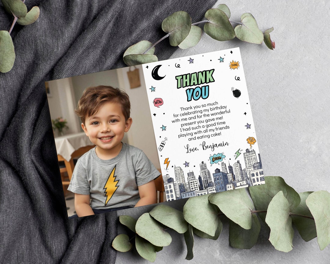 Superhero Birthday Photo Thank You Card, Editable Comic Book-themed ...