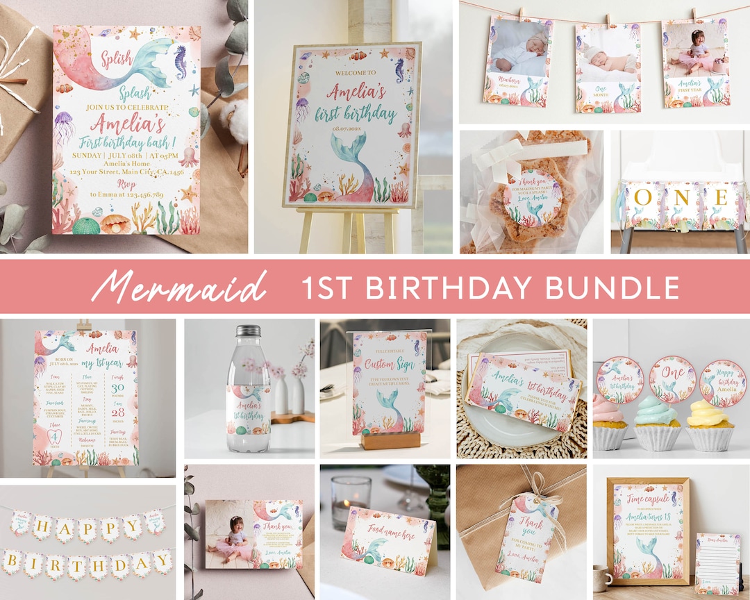 Editable Mermaid 1st Birthday Invitation Bundle, Under the Sea 1st ...