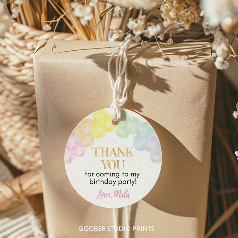 EDITABLE Pastel Rainbow Birthday Thank You Tags, Pastel Birthday Party ...