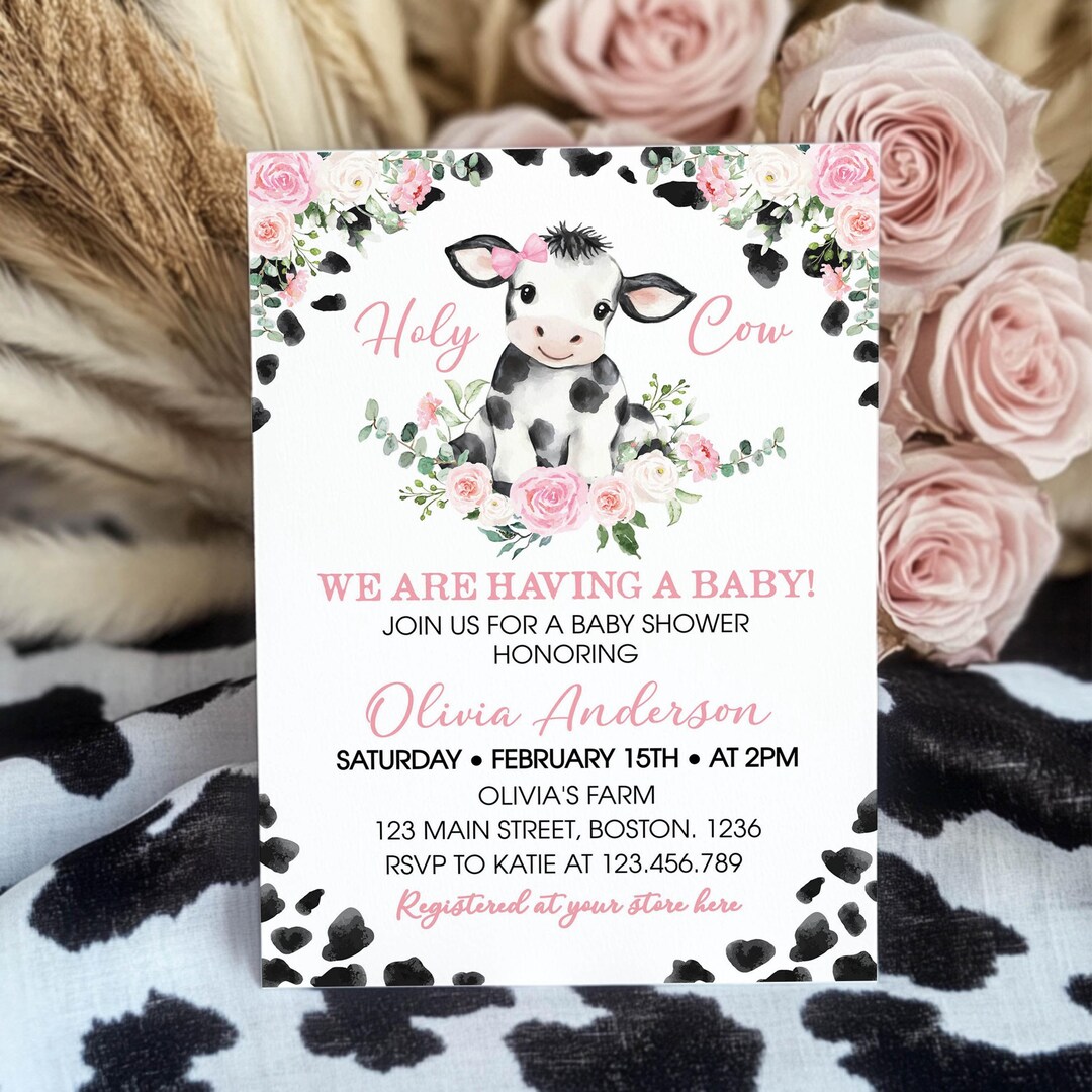 EDITABLE Cow Baby Shower Invitation, Pink Floral Baby Shower Invitation ...