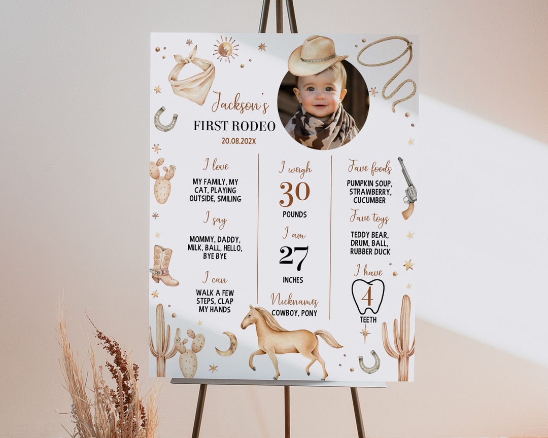EDITABLE First Rodeo Milestone Sign, Cowboy 1st Birthday Photo ...