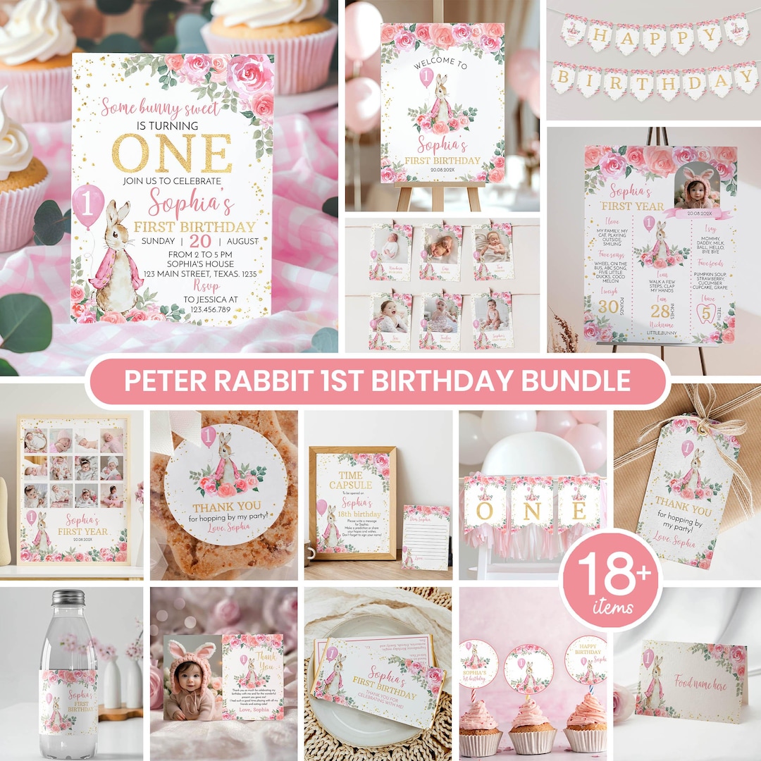 Editable Rabbit 1st Birthday Girl Set, Pink Floral First Birthday ...