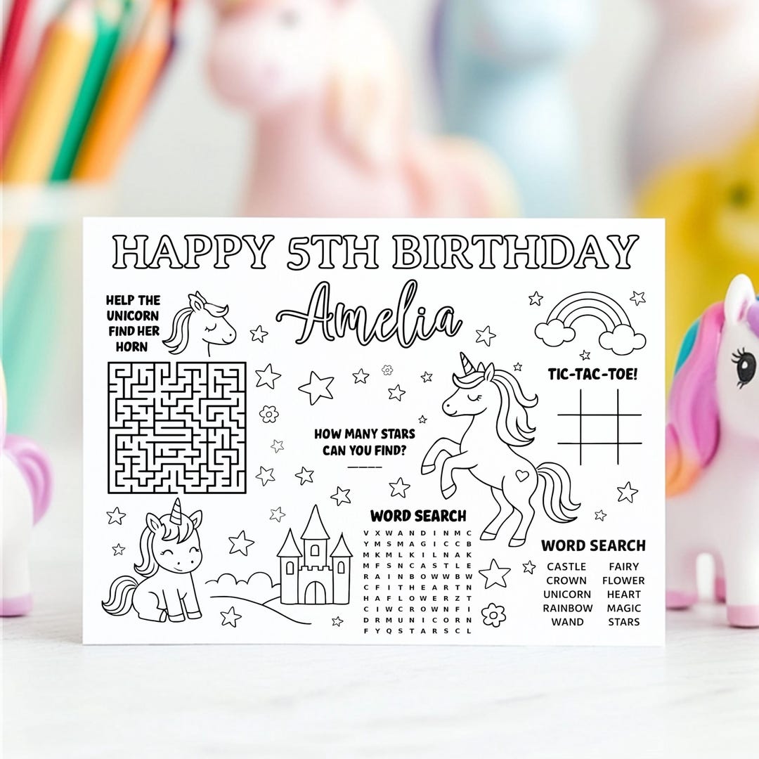 EDITABLE Unicorn Birthday Coloring Placemat, Unicorn Theme Party ...