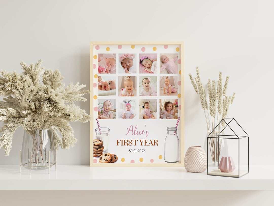 Editable Milk and Cookies First Year Photo Collage, One Sweet Cookie 12 ...