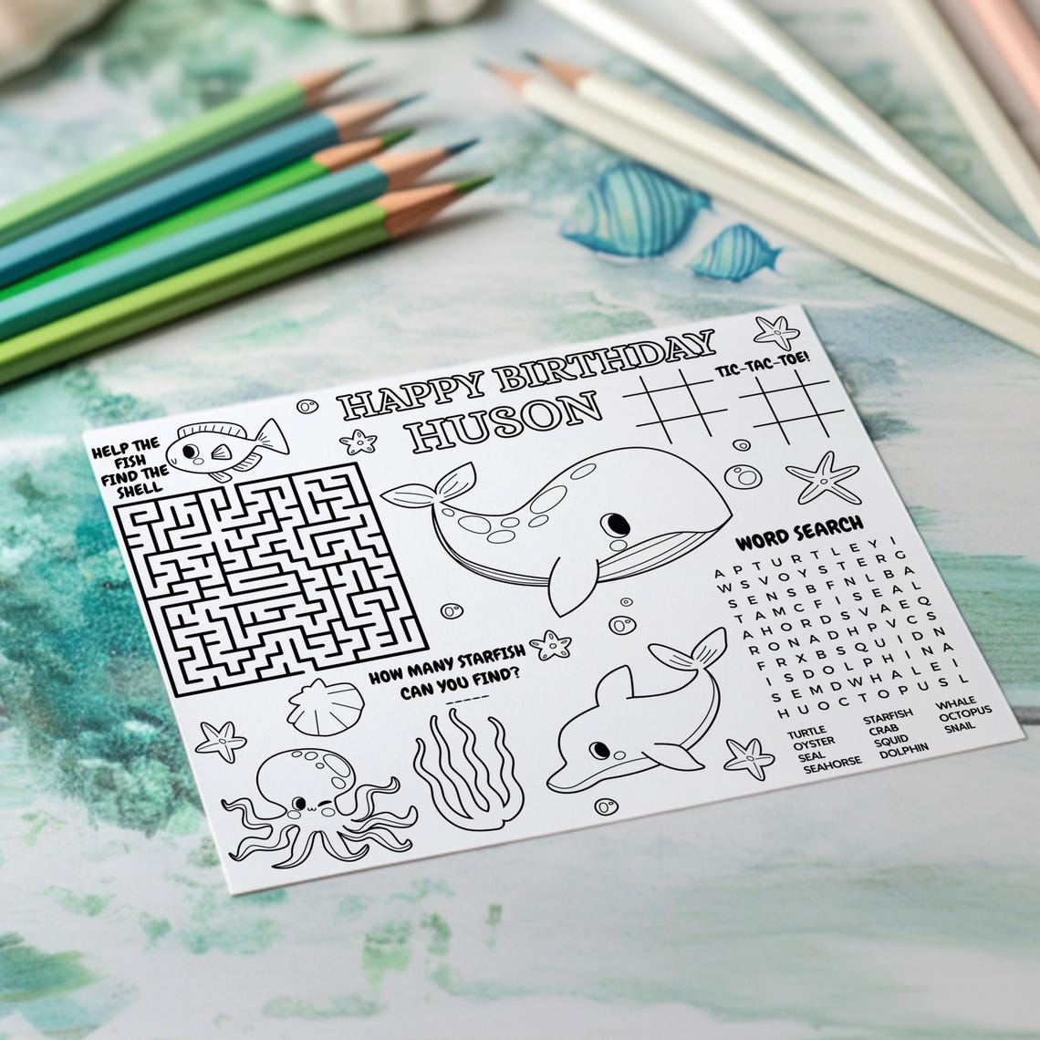 EDITABLE Under the Sea Birthday Coloring Placemat, Ocean Animals ...