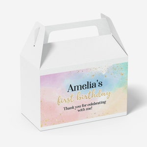 EDITABLE Pastel Rainbow Gable Gift Box Label, Watercolor Rainbow 1st ...