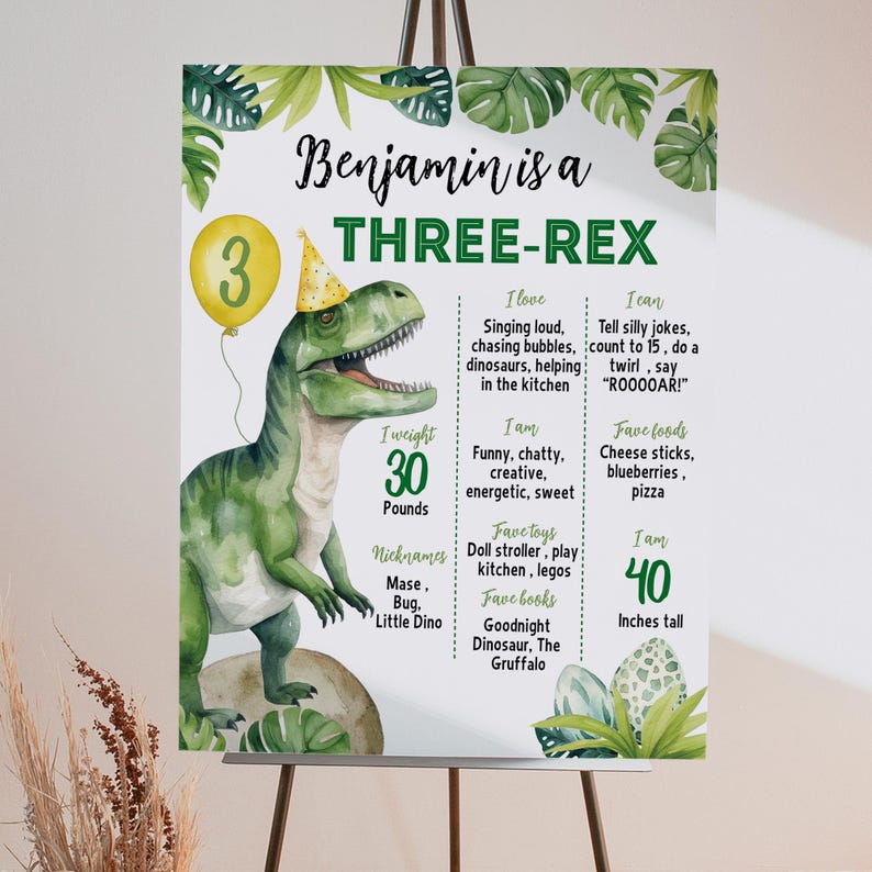 Dinosaur Milestone Sign, Three Rex Party Sign, Boy 3rd Birthday Decor ...
