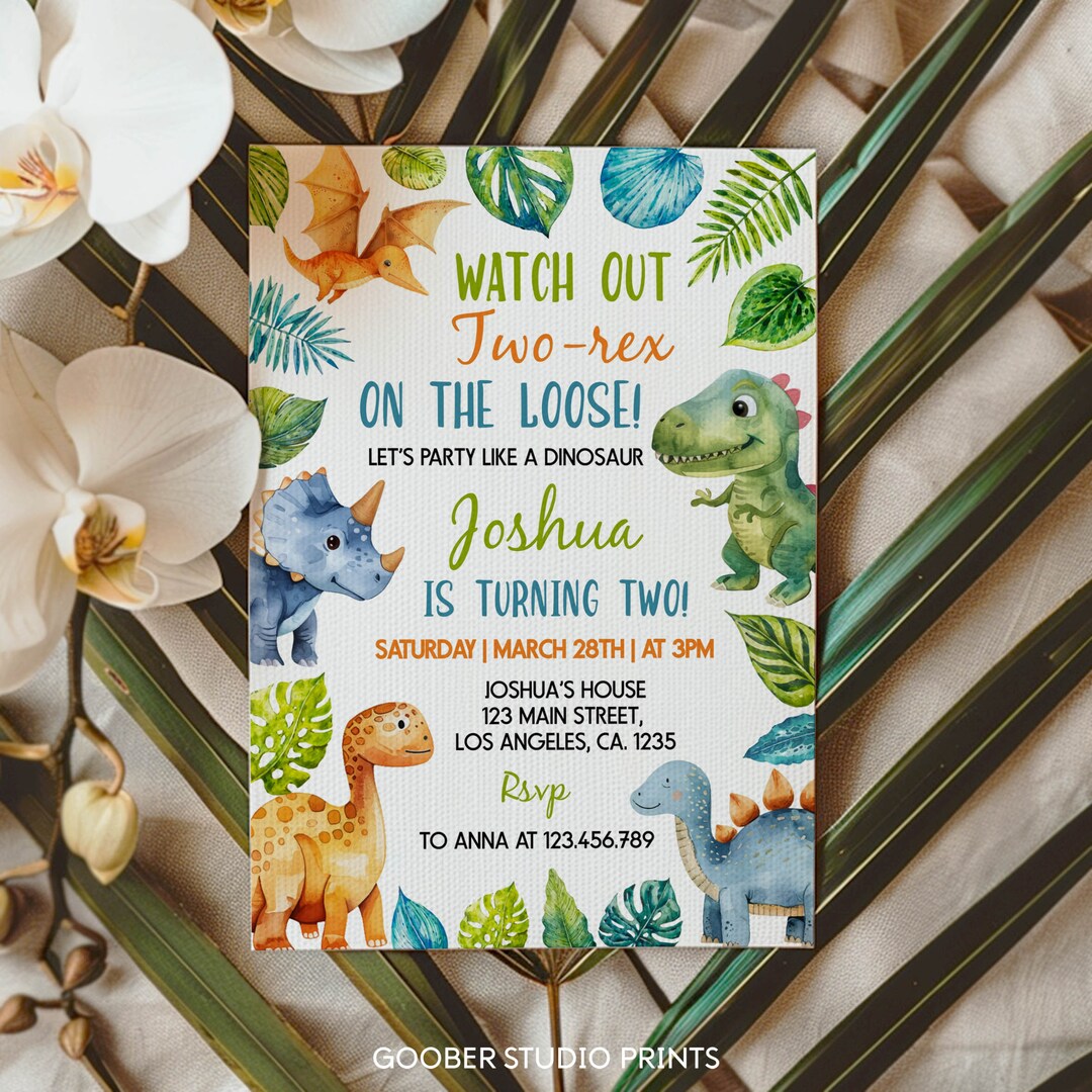 Dinosaur Birthday Invitation, Two Rex Invitation, Dinosaur Invitation ...