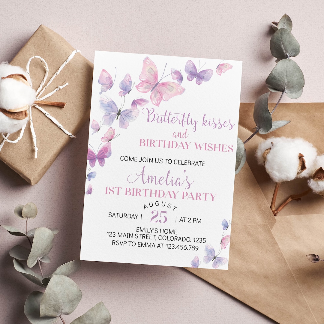EDITABLE Butterfly First Birthday Invitation, Pink Butterfly Party ...