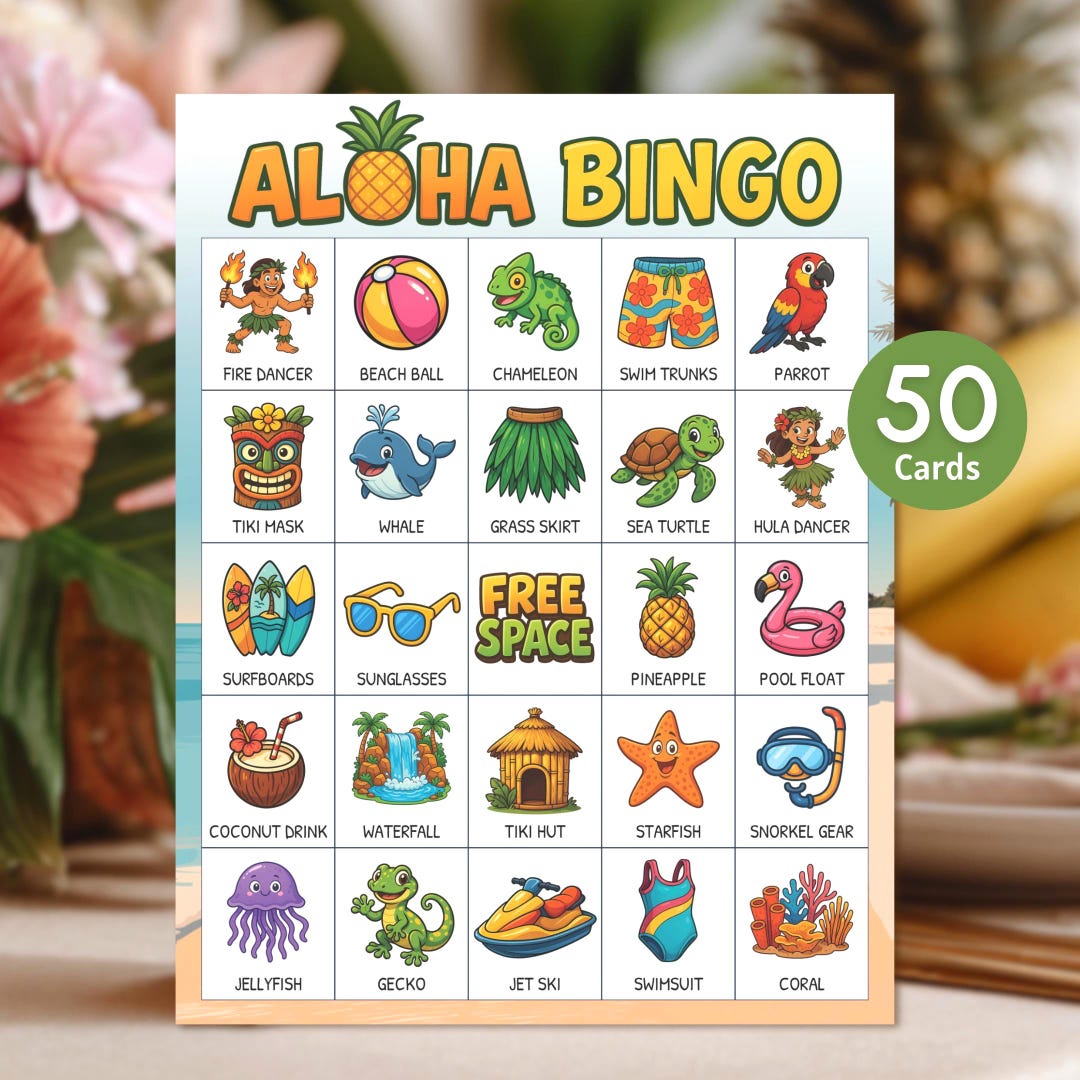 Aloha Bingo Cards, Luau Bingo Game Printable, Hawaiian Party Bingo ...