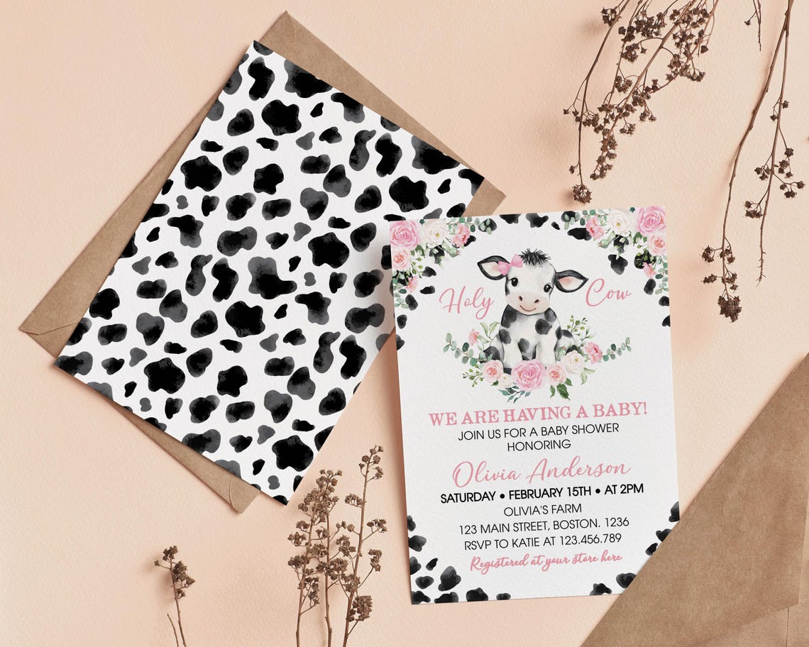EDITABLE Cow Baby Shower Invitation, Pink Floral Baby Shower Invitation ...