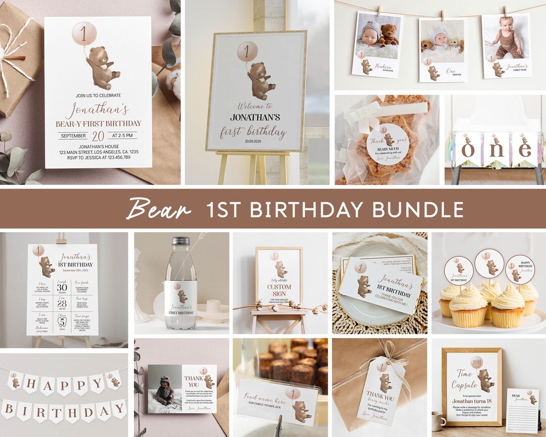 Editable Beary First Birthday Invitation Bundle, Modern Bear 1st ...