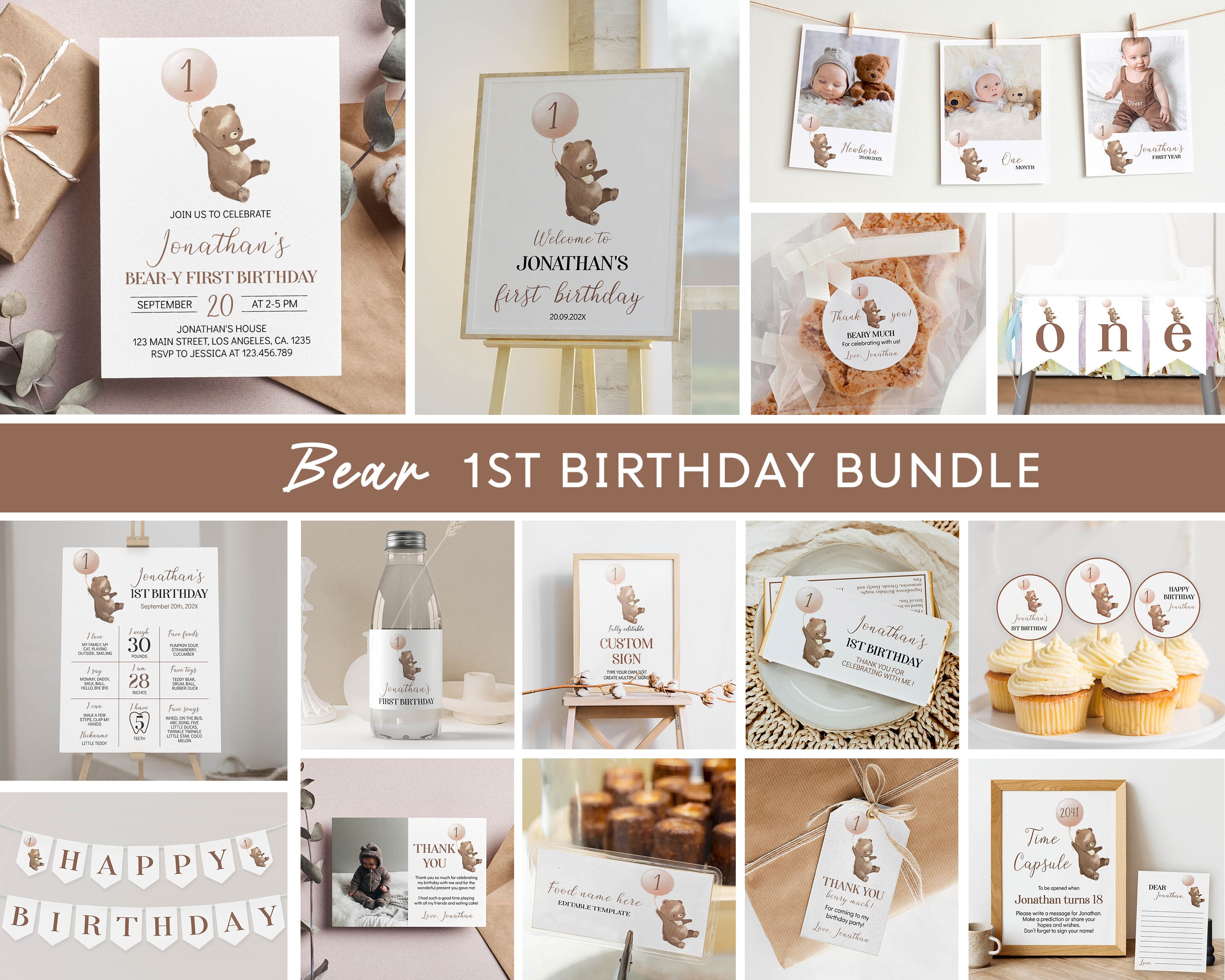 Editable Beary First Birthday Invitation Bundle Modern Bear - Etsy