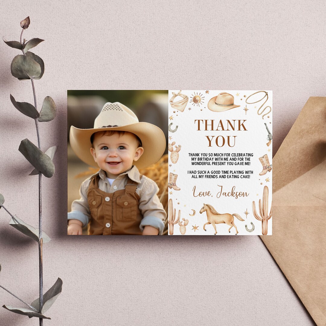 EDITABLE My First Rodeo Birthday Thank You Card, Cowboy Birthday Photo ...