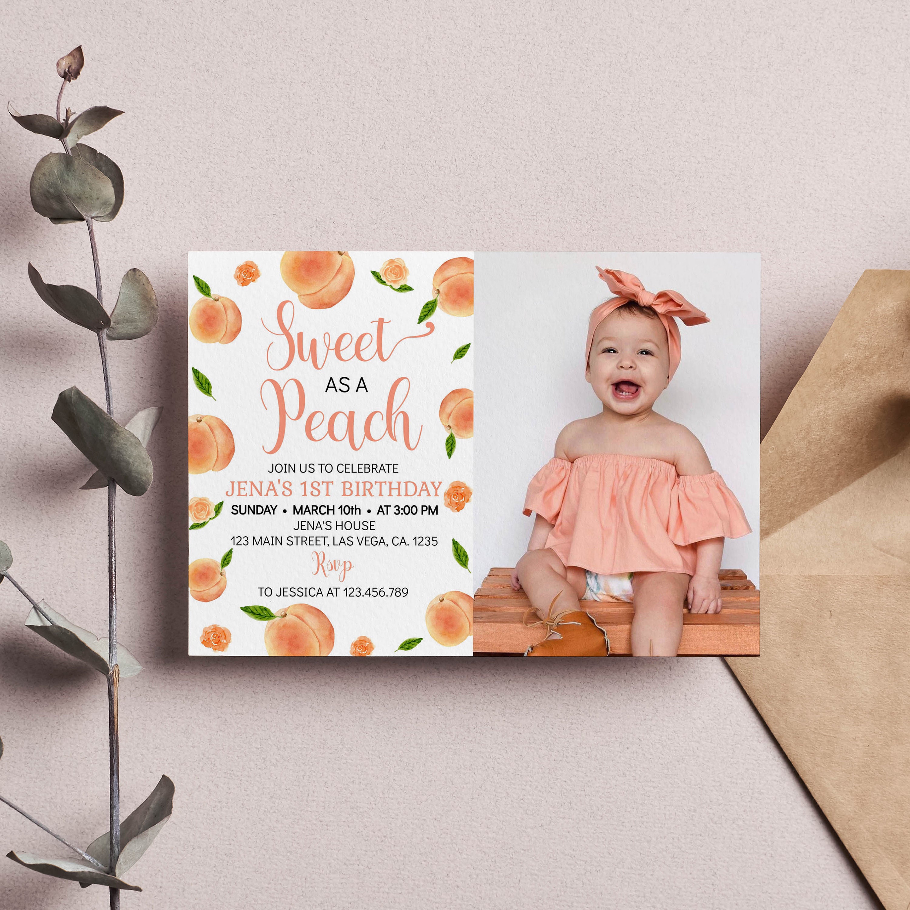 EDITABLE Sweet as A Peach Invitation, Peach Birthday Photo Invitation ...