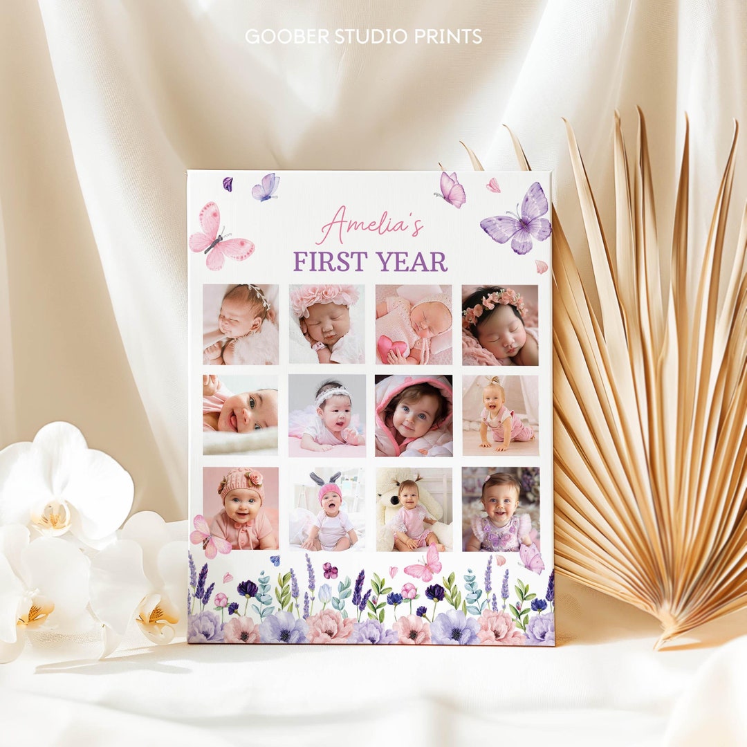 Editable First Year Photo Collage, Butterfly 1st Birthday Photo ...
