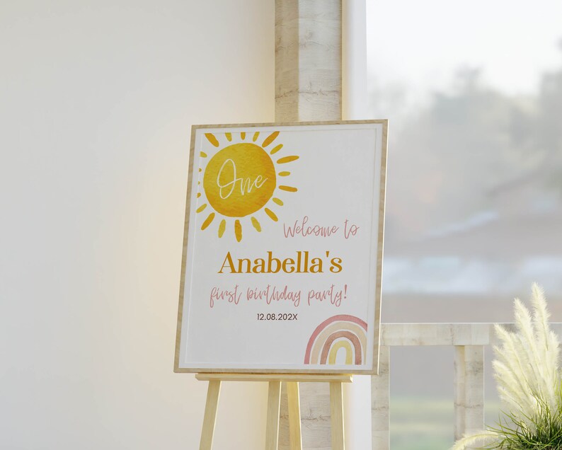 EDITABLE First Trip Around the Sun Welcome Sign, Pastel Rainbow Party ...