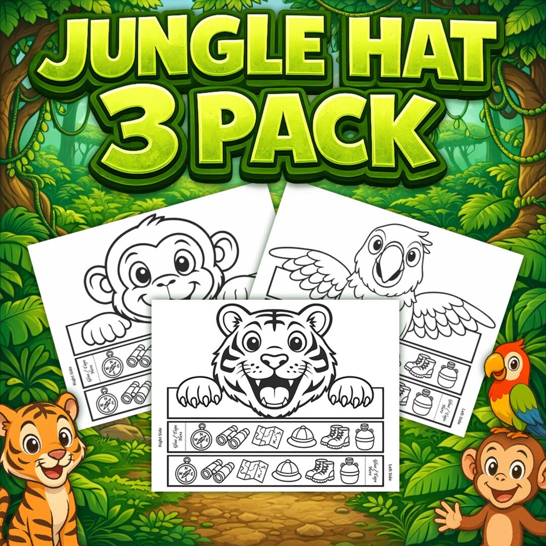 Jungle Safari Party Hats Printables | Tiger, Monkey & Parrot Paper ...