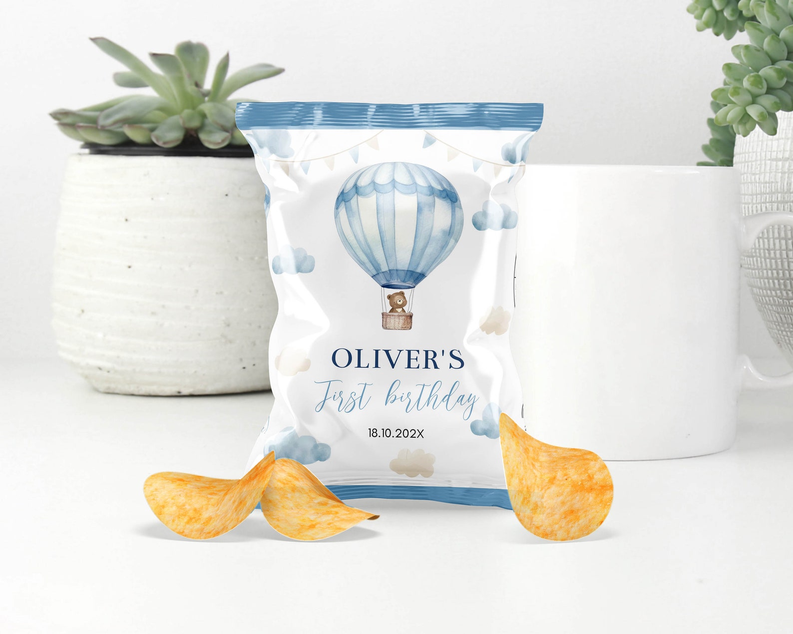 EDITABLE Teddy Bear Birthday Chip Bags, Hot Air Balloon First Birthday ...