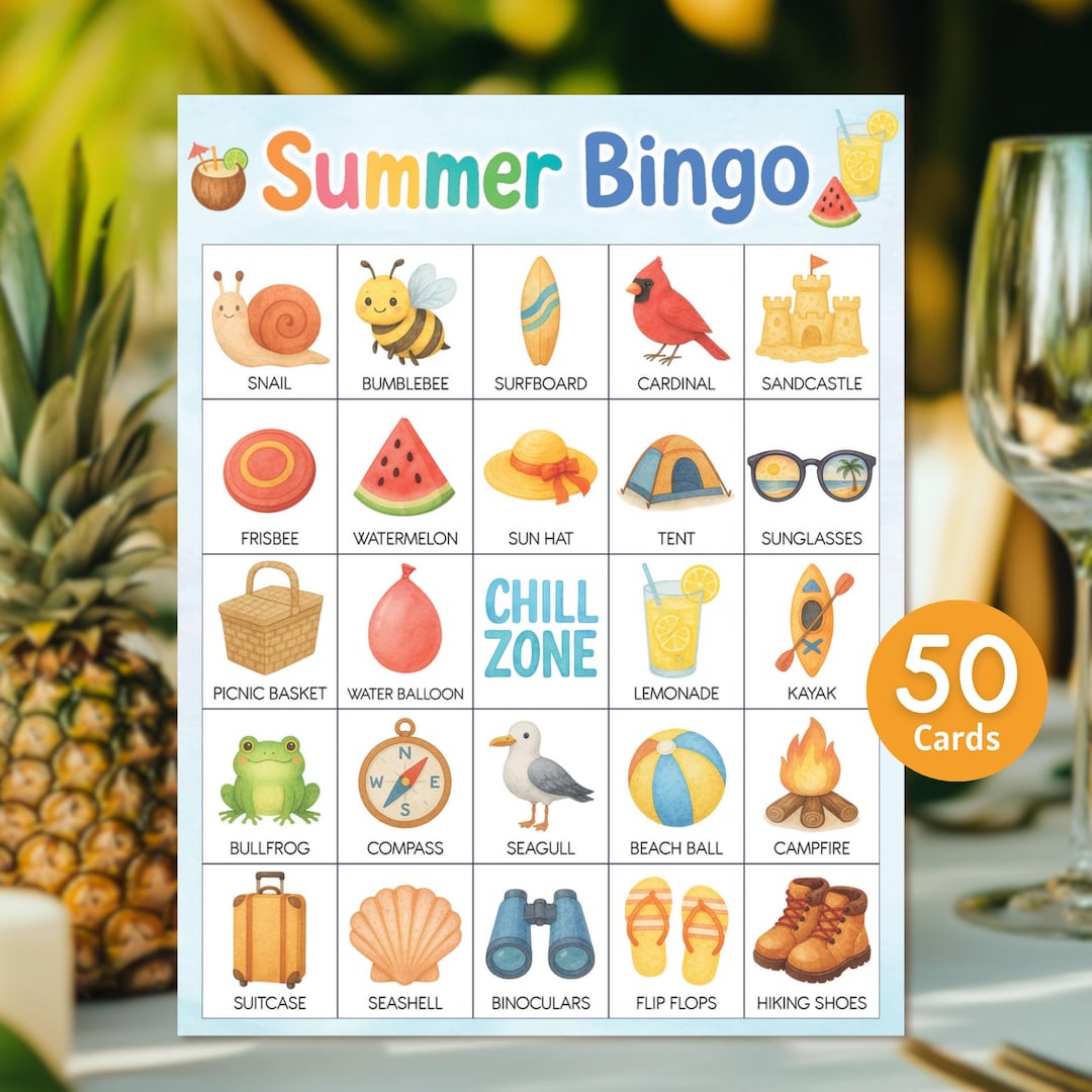 Summer Bingo Game Printable, 50 Bingo Cards Set, Fun Summer Party Game ...