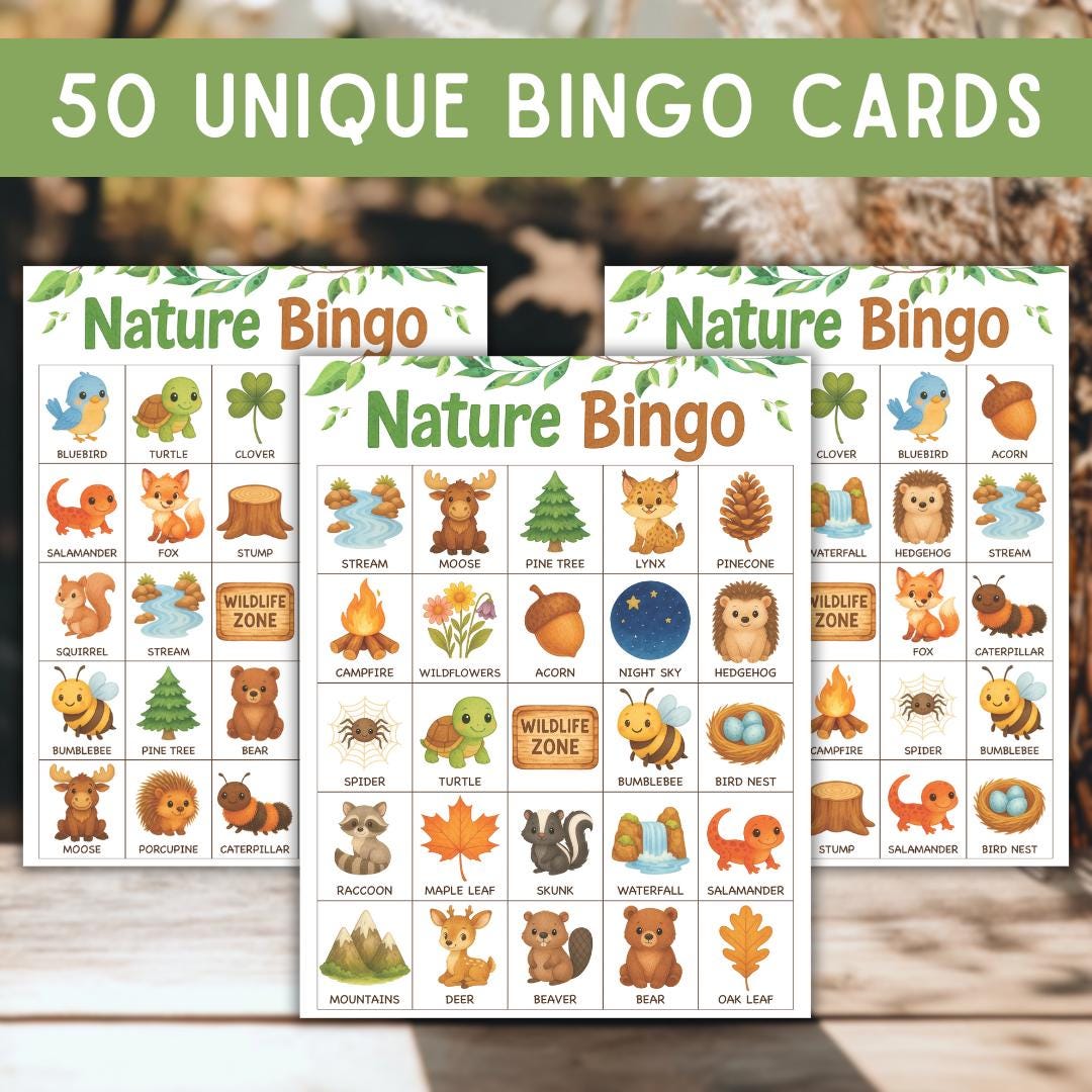 Nature Bingo Game Printable Set, 50 Unique Camping Bingo Cards, Cute ...