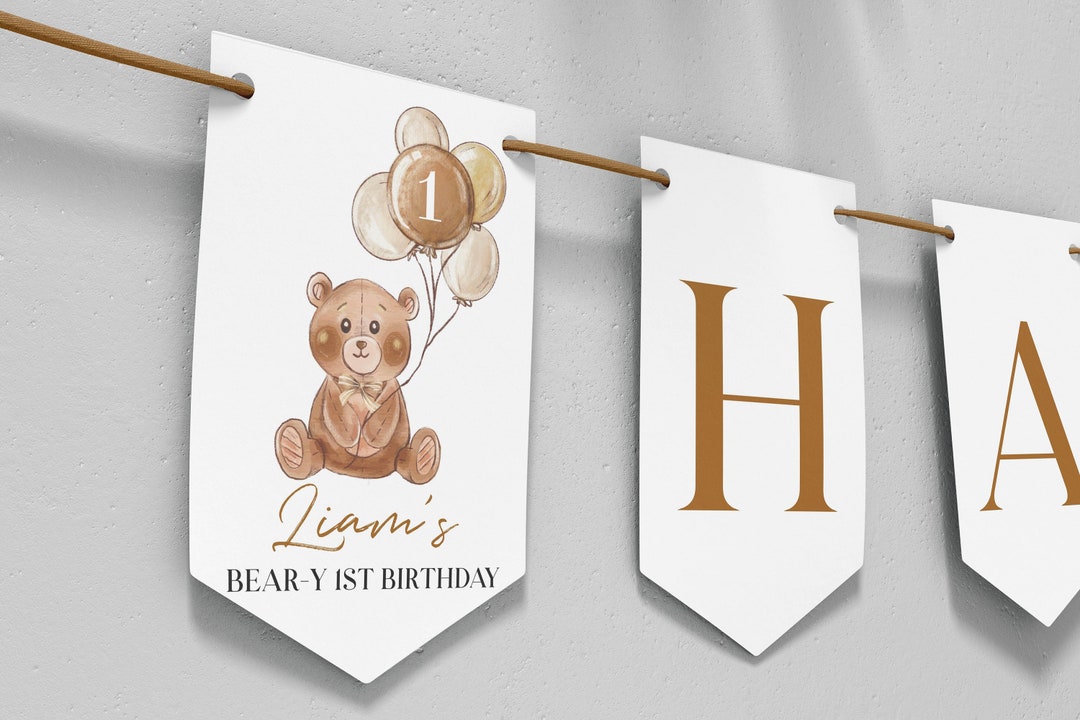 Editable Bear Birthday Banner, Teddy Bear Happy Birthday Banner, Beary ...