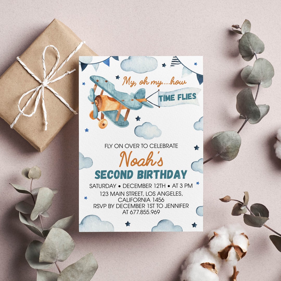 Editable Airplane First Birthday Invitation, Boy Airplane 2nd Birthday ...