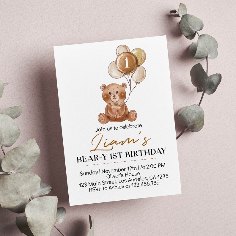 EDITABLE Bear First Birthday Invitation, Beary 1st Birthday Party ...