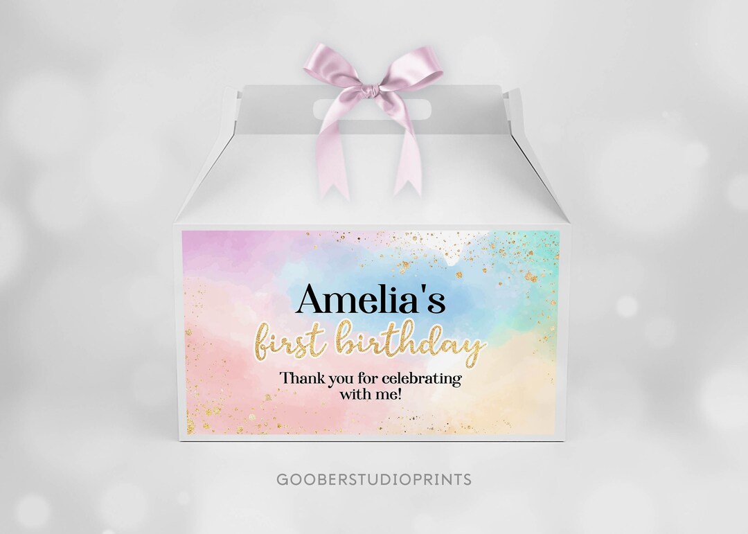 EDITABLE Pastel Rainbow Gable Gift Box Label, Watercolor Rainbow 1st ...