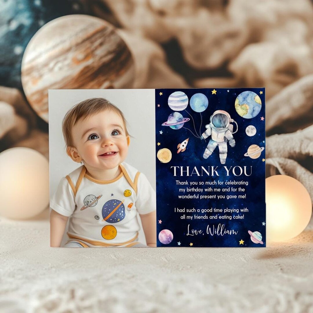 EDITABLE Outer Space Thank You Card, Galaxy Birthday Photo Thank You ...