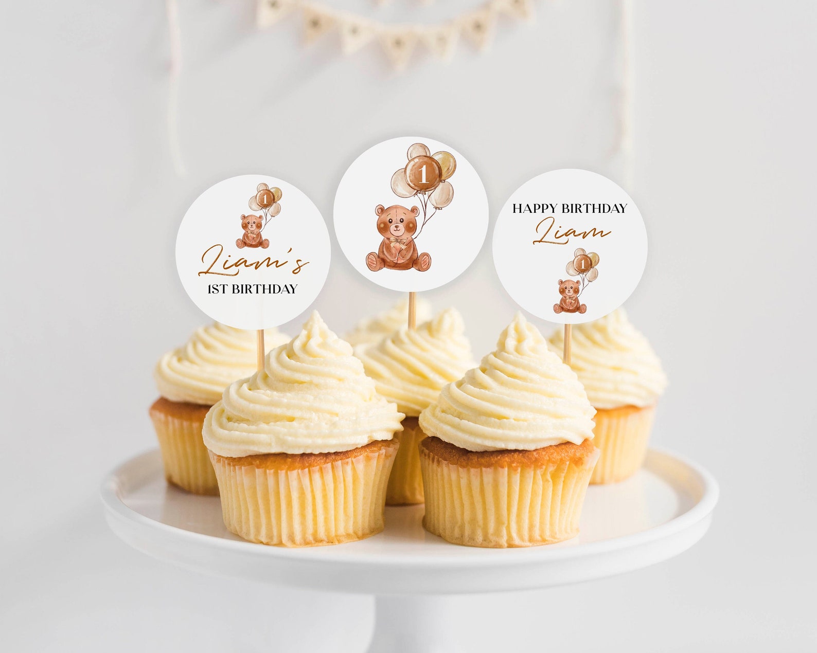 Editable Bear Cupcake Topper, Teddy Bear Birthday Cupcake Topper, Bear ...