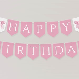Editable Pink Bow Birthday Banner, Blush Pink Party Decor Banner, 1st ...