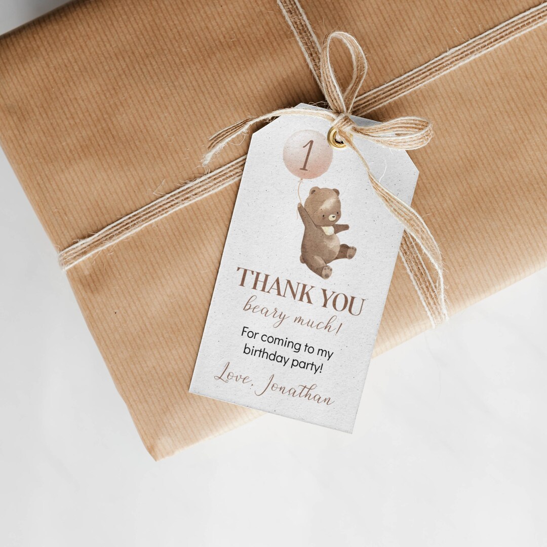 EDITABLE Teddy Bear Birthday Favor Tags, Beary First Birthday Thank You ...