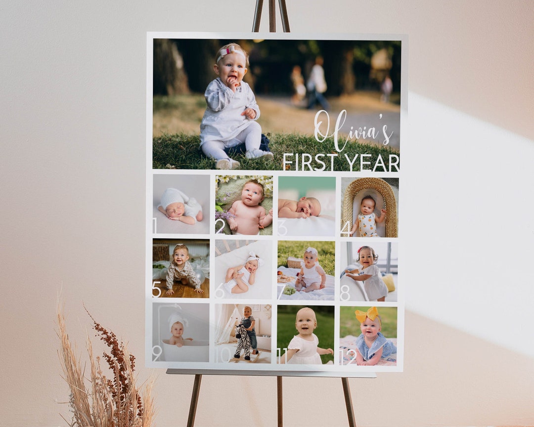Editable First Year Photo Collage, Baby Monthly Photo Print, Minimal ...