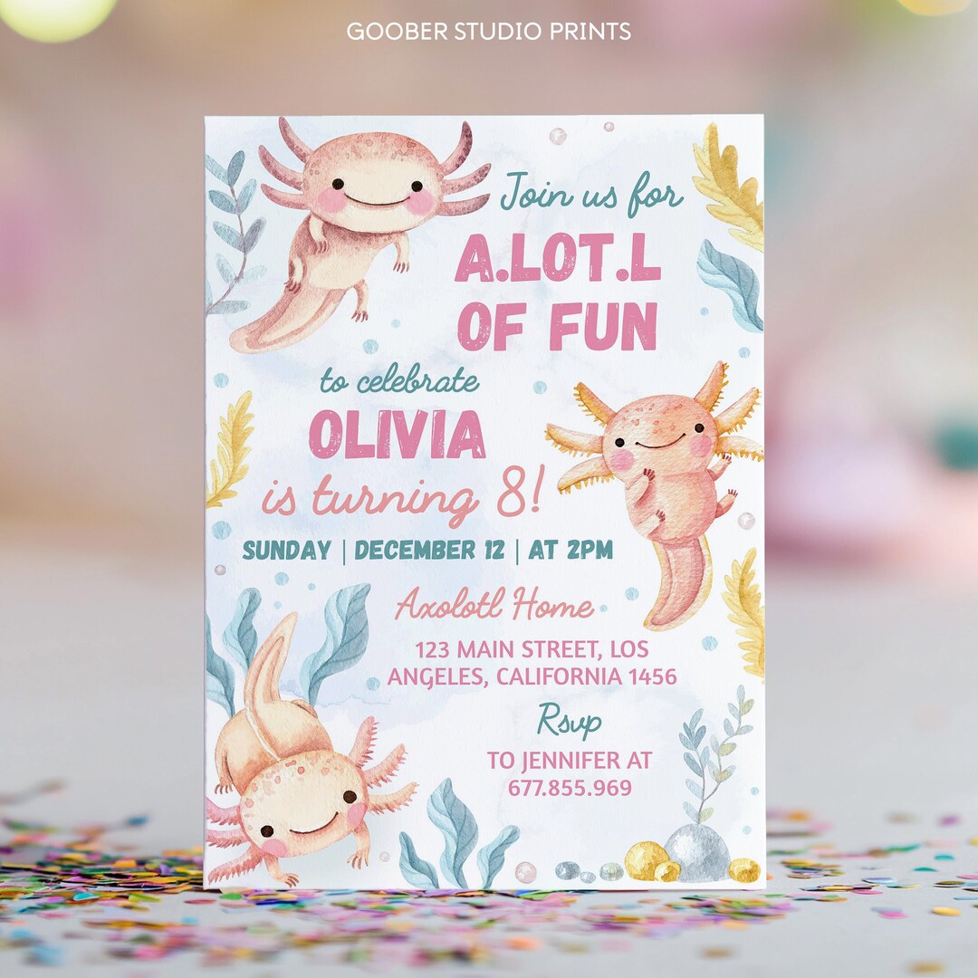 Editable Axolotl Birthday Invitation, Axolotls Party Invite, Pink Girl ...