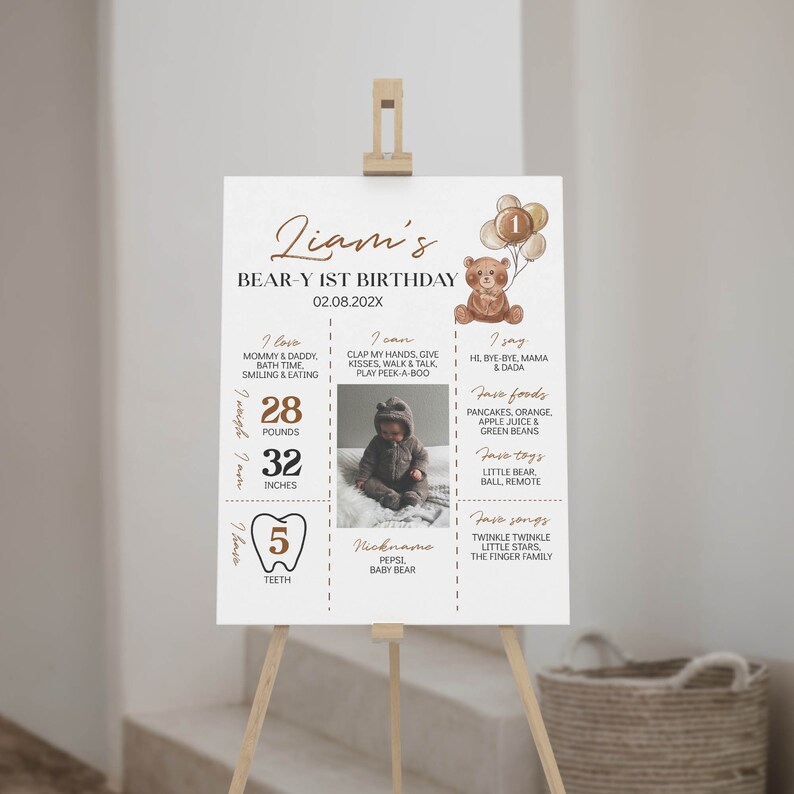EDITABLE Beary First Birthday Milestone Poster Teddy Bear - Etsy