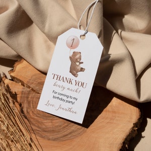 EDITABLE Teddy Bear Birthday Favor Tags, Beary First Birthday Thank You ...