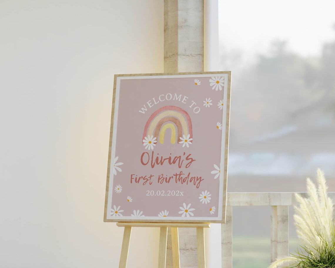 EDITABLE Daisy Welcome Sign, Boho Rainbow 1st Birthday Decor, Daisy 1st ...