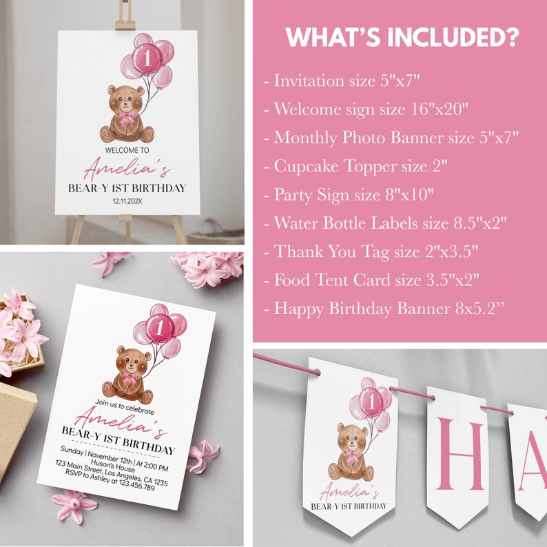 Editable Beary First Birthday Invitation Bundle Teddy Bear - Etsy